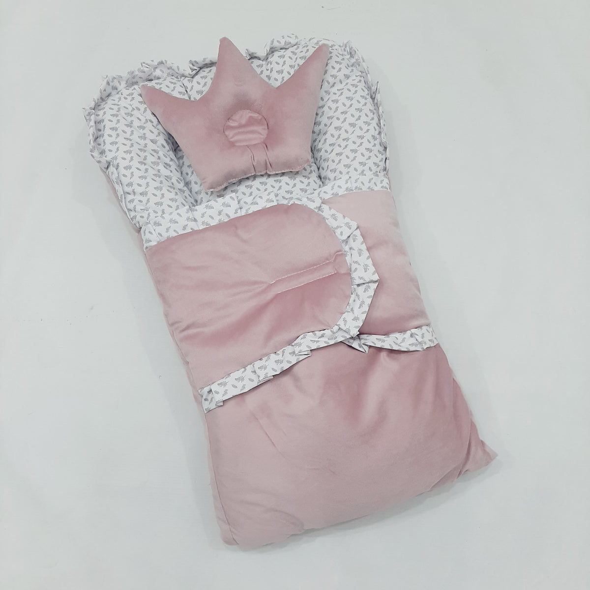 Velvet Carry Nest With Pillow Bow Grey 1– Born Baby Stuff